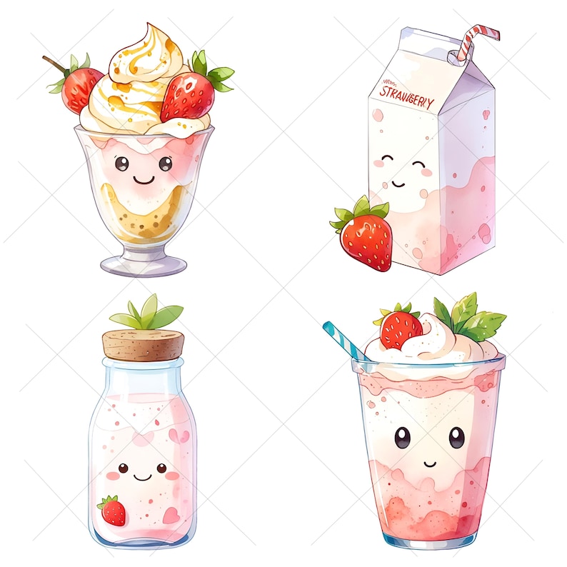Cute Strawberry Desserts Clipart PNG Bundle, Sweet Kawaii Smiling Face ...