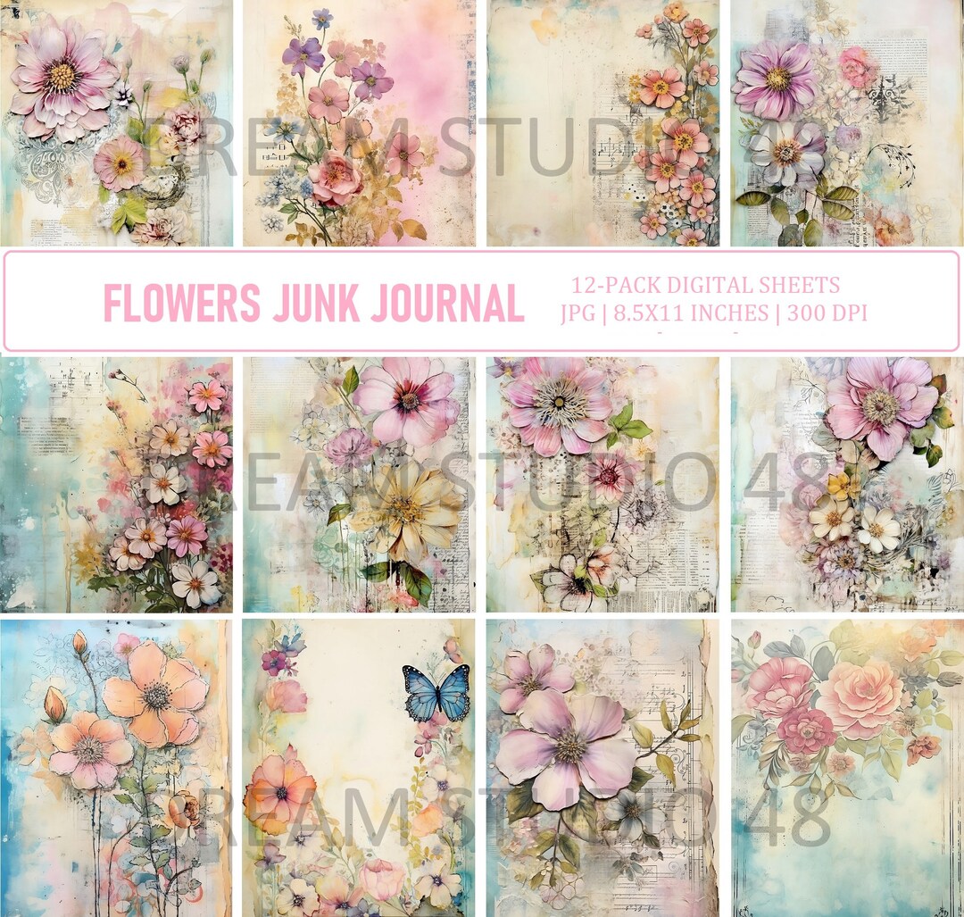 Flowers Junk Journal Pages #set 1, Vintage Watercolour Floral Junk ...