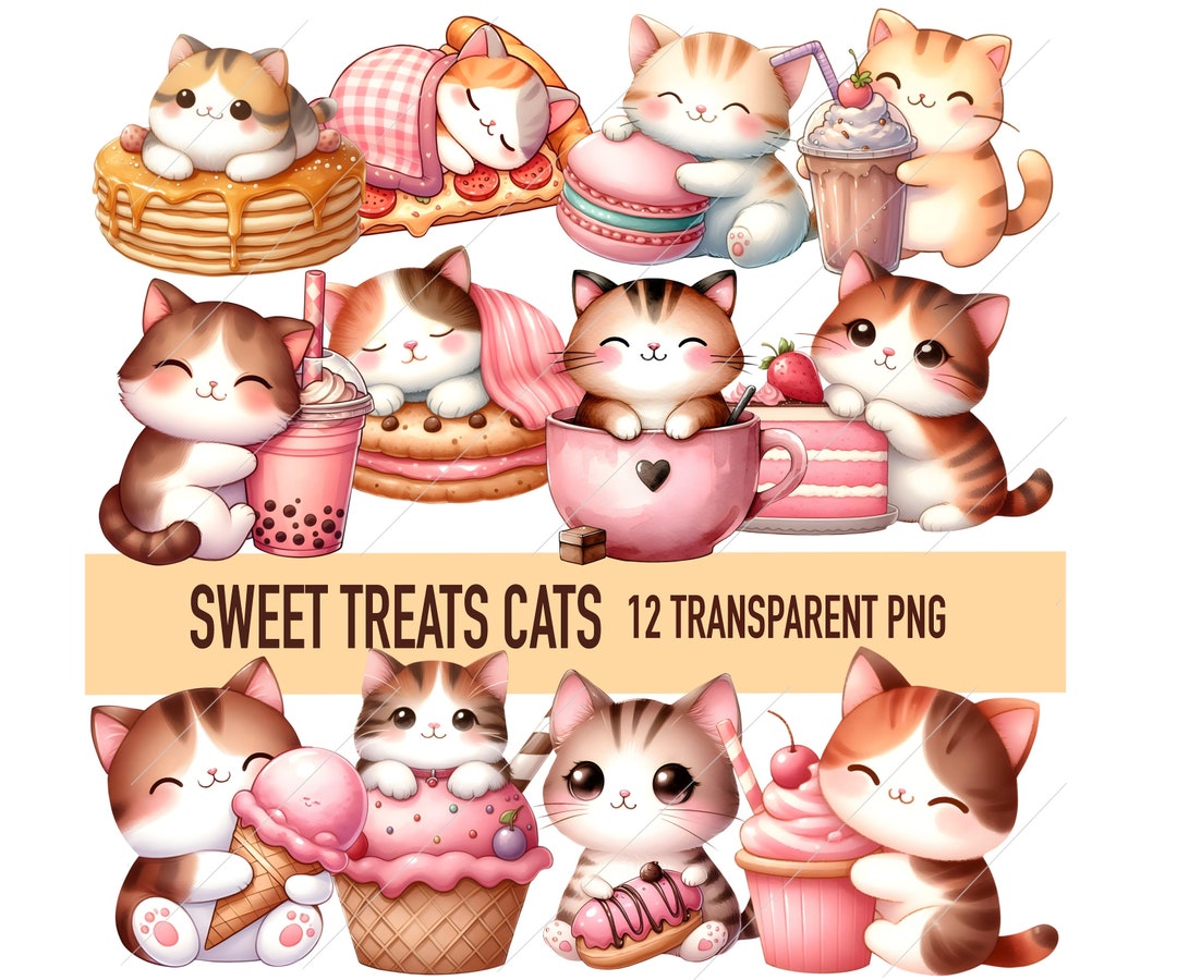 Sweet Treats Cat Clipart Bundle, Watercolor Cat With Desserts ...