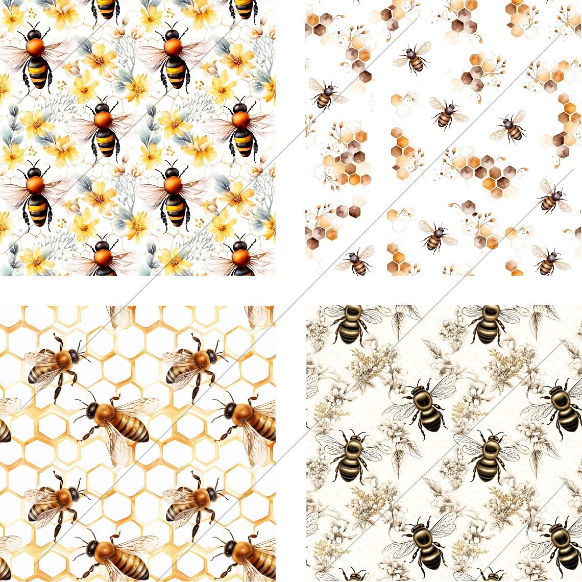 Bees Digital Paper Set #2 - Watercolor Honey Bee Scrapbook Paper - Bee ...