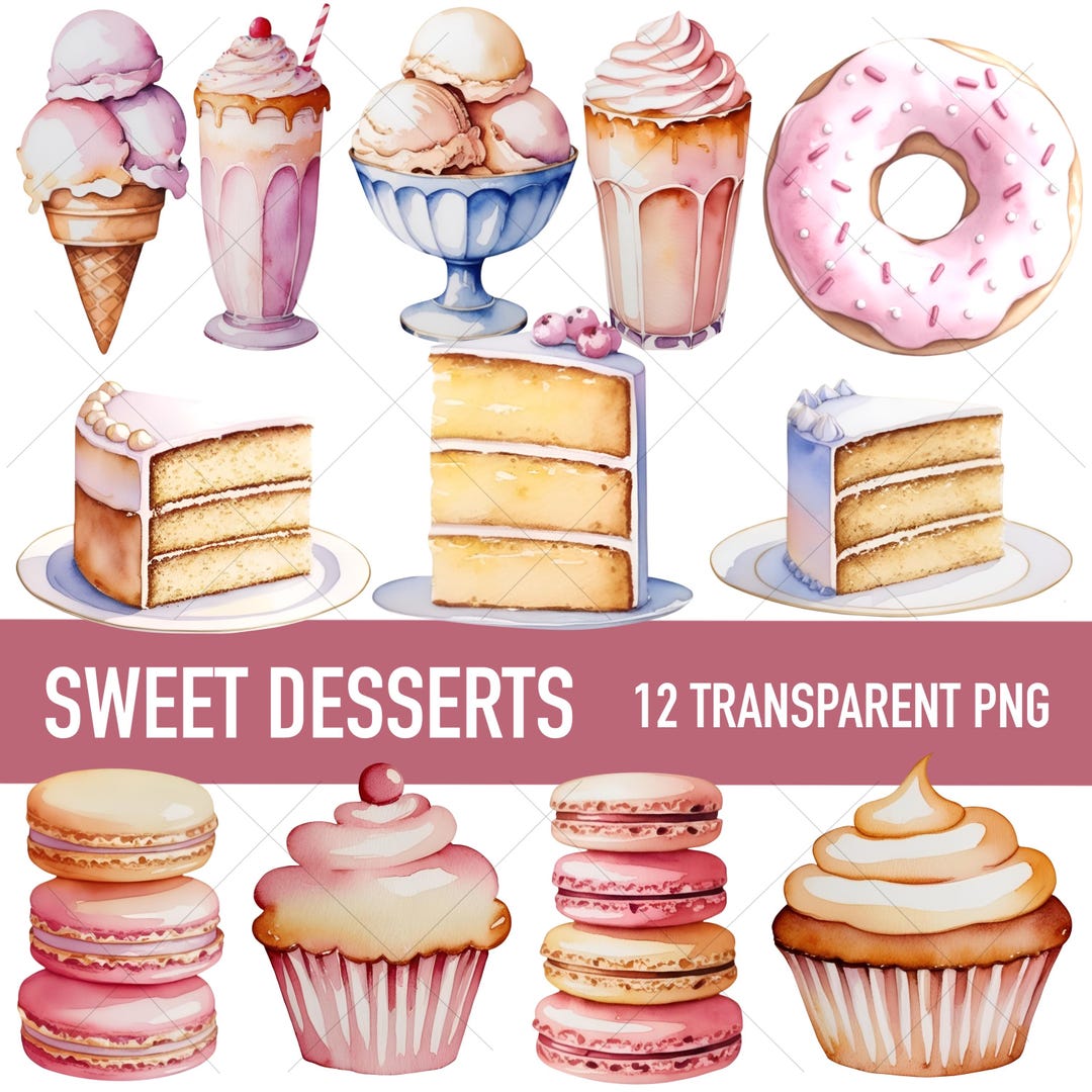 Sweet Desserts Clipart PNG Bundle, Creamy Pastel Snack Treats, Cake ...