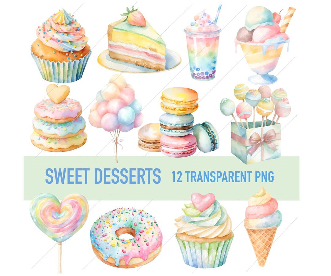 Sweet Desserts Clipart PNG Bundle, Pastel Snack Treats, Cake, Ice Cream ...
