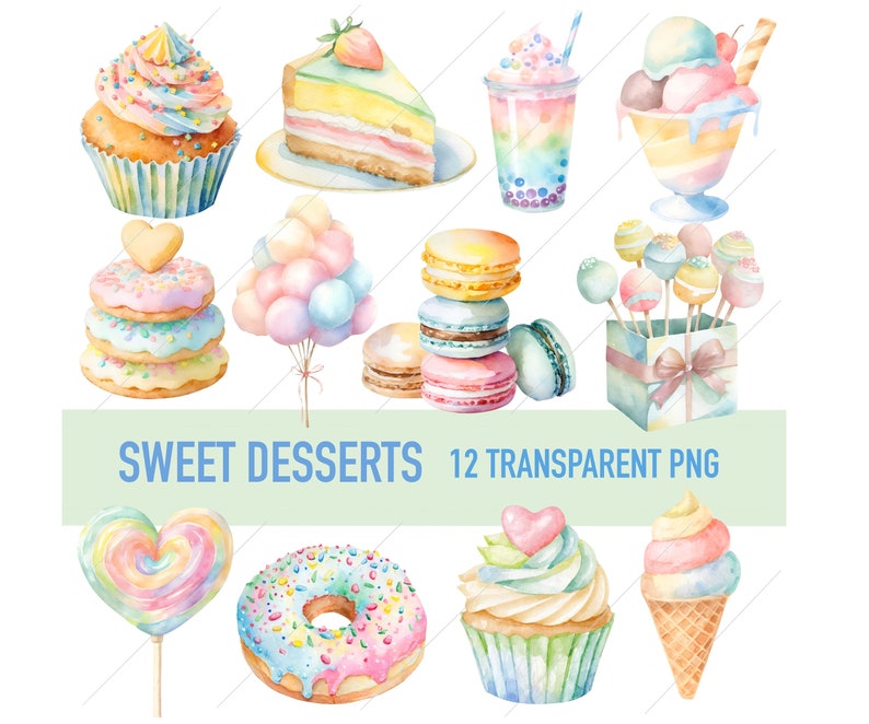 Sweet Desserts Clipart PNG Bundle, Pastel Snack Treats, Cake, Ice Cream ...