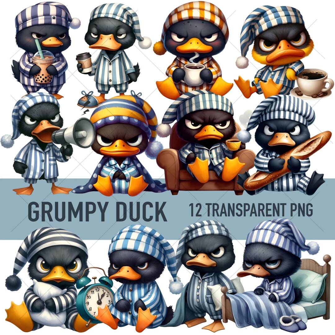 Grumpy Black Duck PNG Clipart, Grouchy Cute Funny Striped Pyjamas ...
