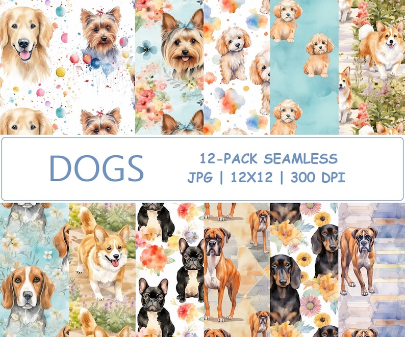 Dog Digital Seamless Pattern Set #1 - Cute Puppy Watercolor Scrapbook ...
