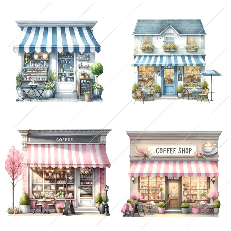 Spring Coffee Shop Café PNG Clipart, Watercolor Transparent Bundle ...