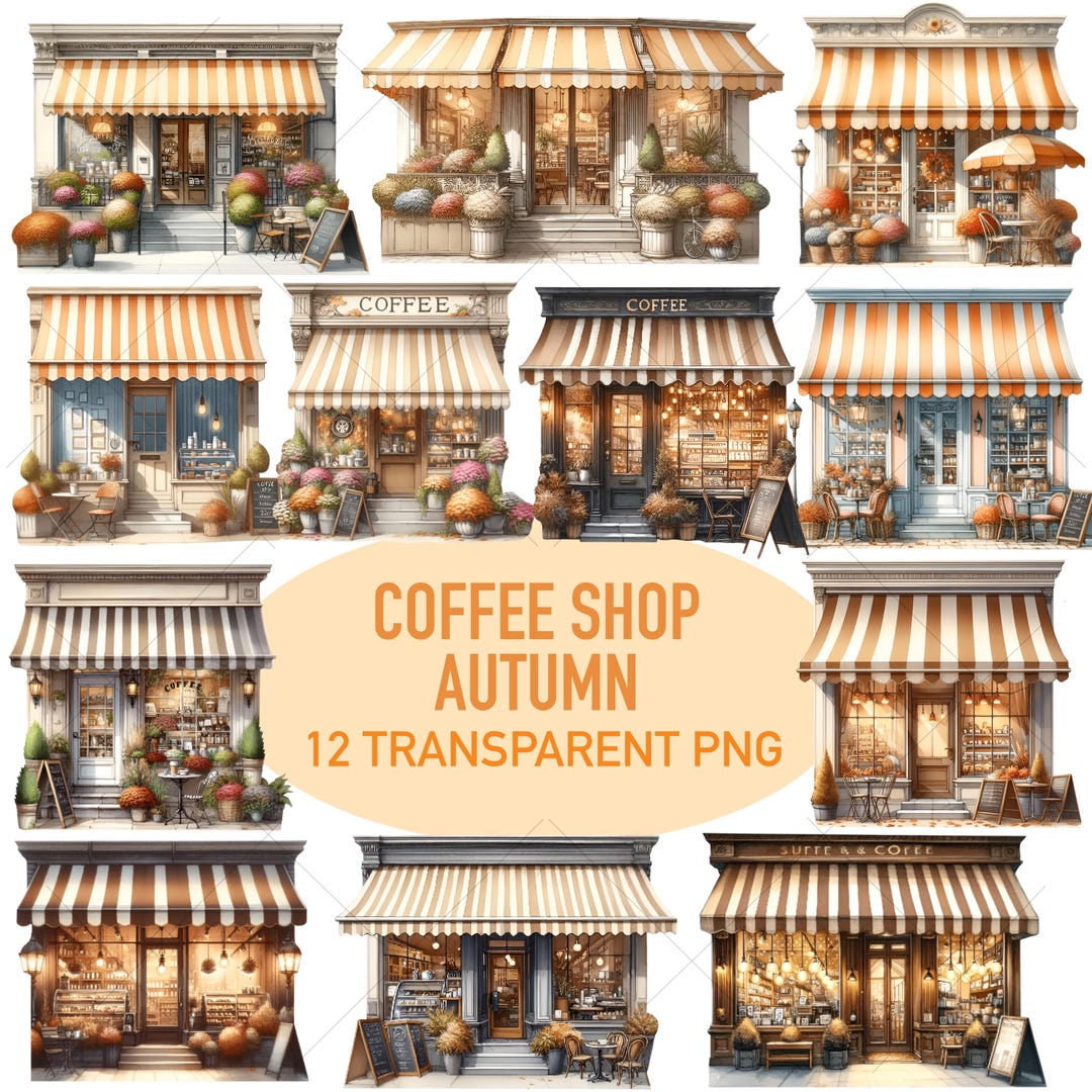 Coffee Shop Autumn PNG Clipart, Cafe Watercolor Transparent Bundle ...