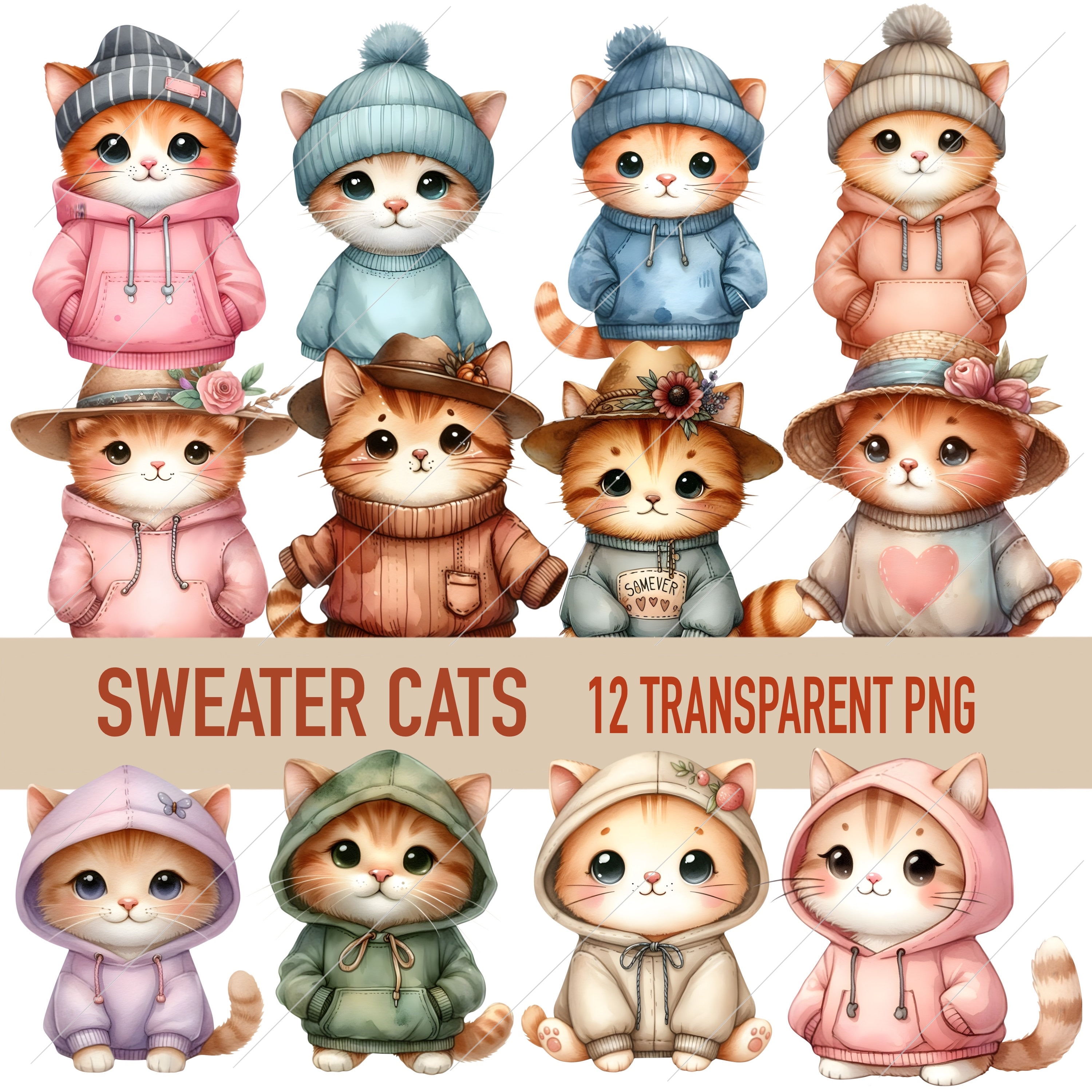 Cat in Sweater Clipart Bundle, Cat Wearing Hoodie Transparent PNG ...