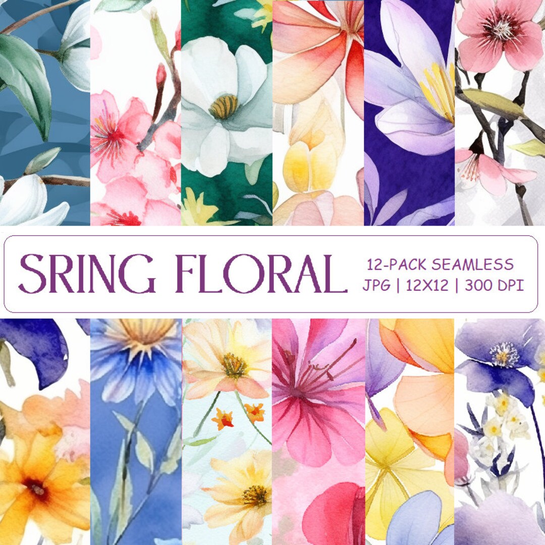 Spring Floral Medley Digital Paper - Watercolor Flower Printables - 12 ...