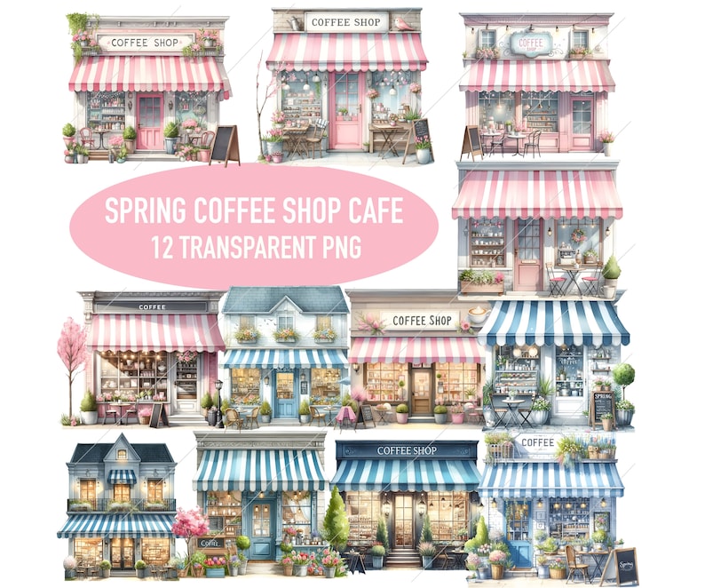 Spring Coffee Shop Café PNG Clipart, Watercolor Transparent Bundle ...