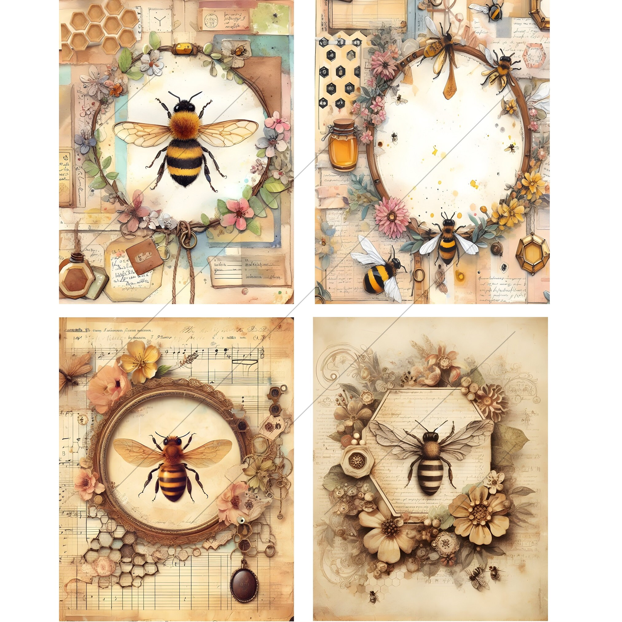 Bee Junk Journal Pages, Watercolour Bees Floral Journal Paper, Digital ...