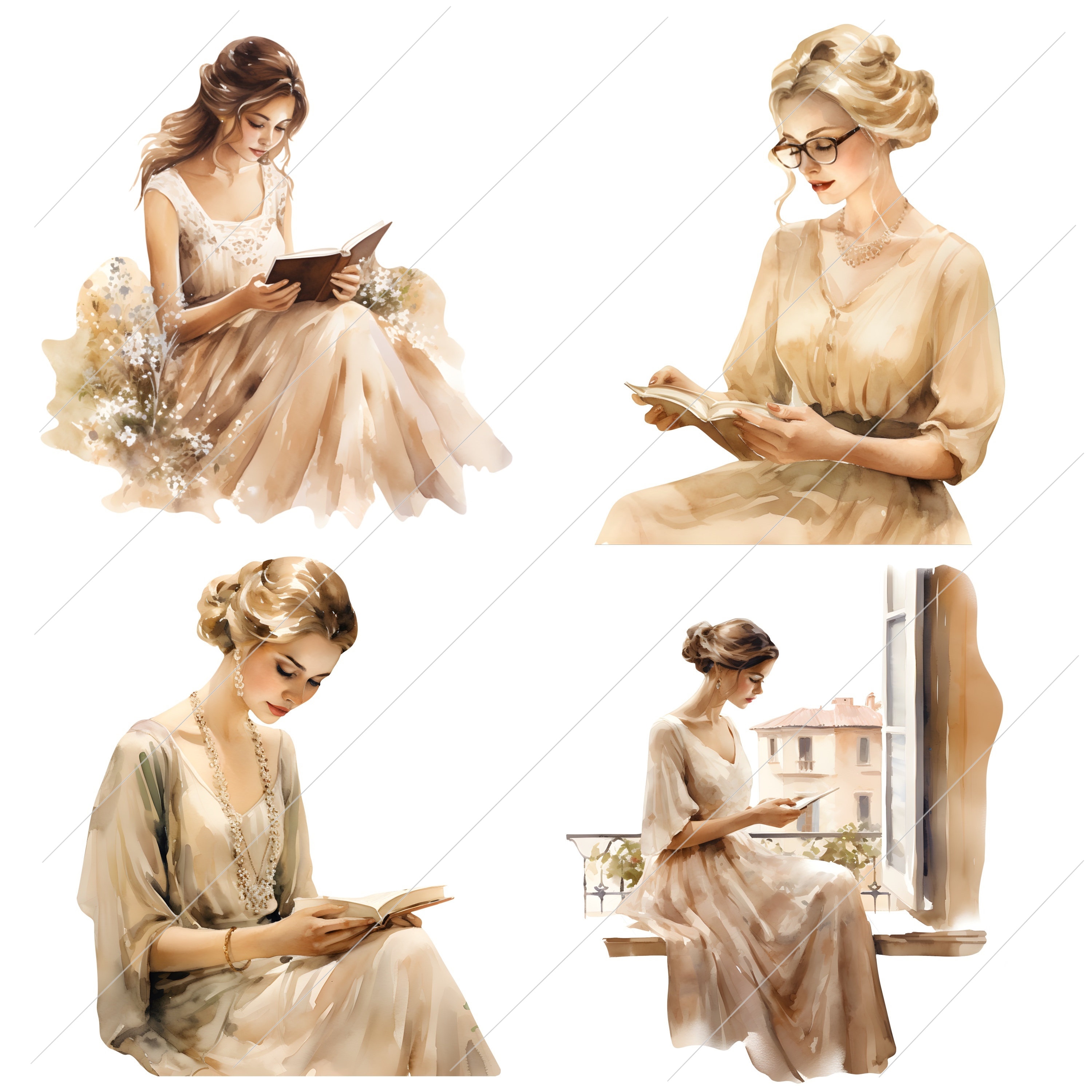 Lady Reading Book Clipart Bundle, Vintage Lady Watercolor Transparent ...