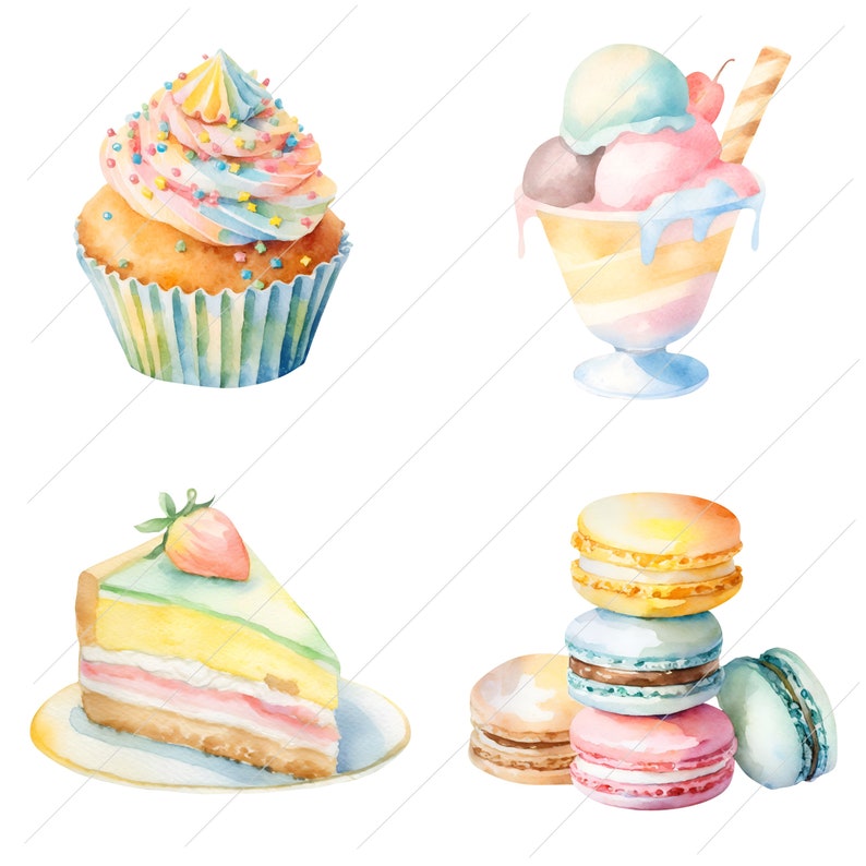 Sweet Desserts Clipart PNG Bundle, Pastel Snack Treats, Cake, Ice Cream ...