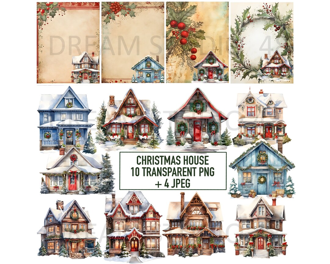 Christmas House Watercolor Clipart Bundle Winter House Transparent PNG ...