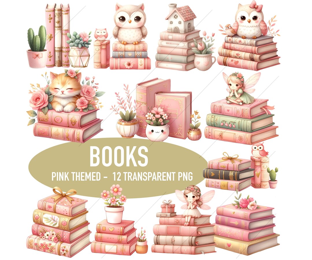 Book Lover Clipart Clipart, Printable Watercolor Pink and Blush Books ...