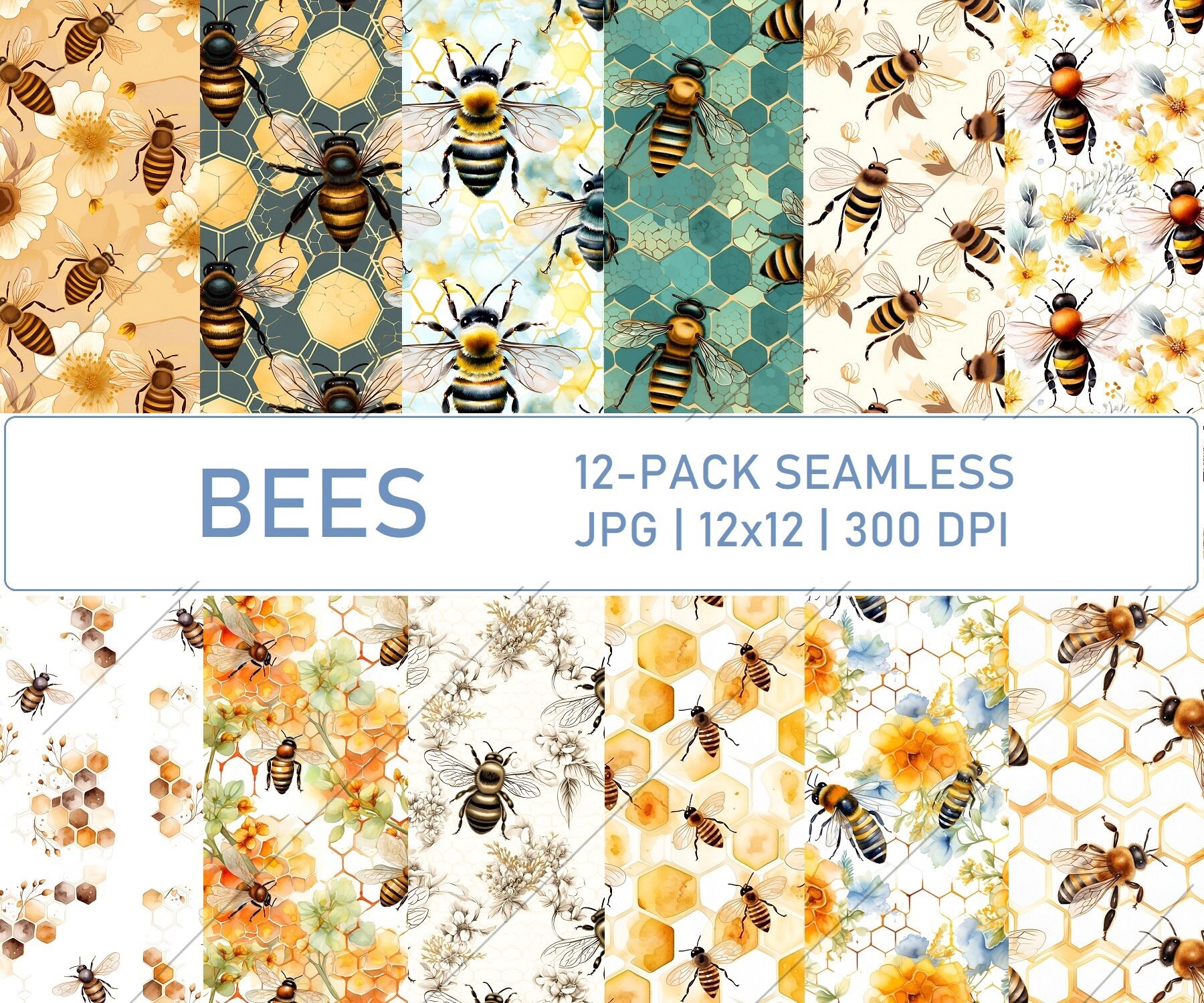 Bees Digital Paper Set #2 - Watercolor Honey Bee Scrapbook Paper - Bee ...
