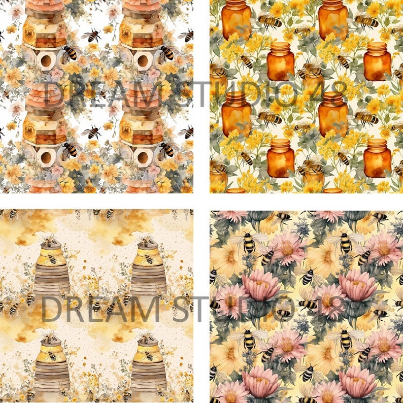 Bees Digital Paper Set #1- Watercolor Honey Bee Scrapbook Paper - Bee ...
