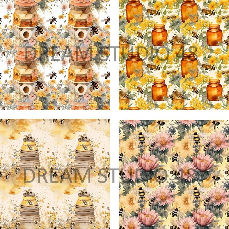 Bees Digital Paper Set #1- Watercolor Honey Bee Scrapbook Paper - Bee ...