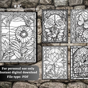 35 Stained Glass Flower Coloring Page for Adults and Kids Instant ...