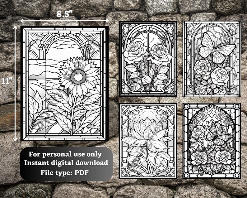 35 Stained Glass Flower Coloring Page for Adults and Kids Instant ...
