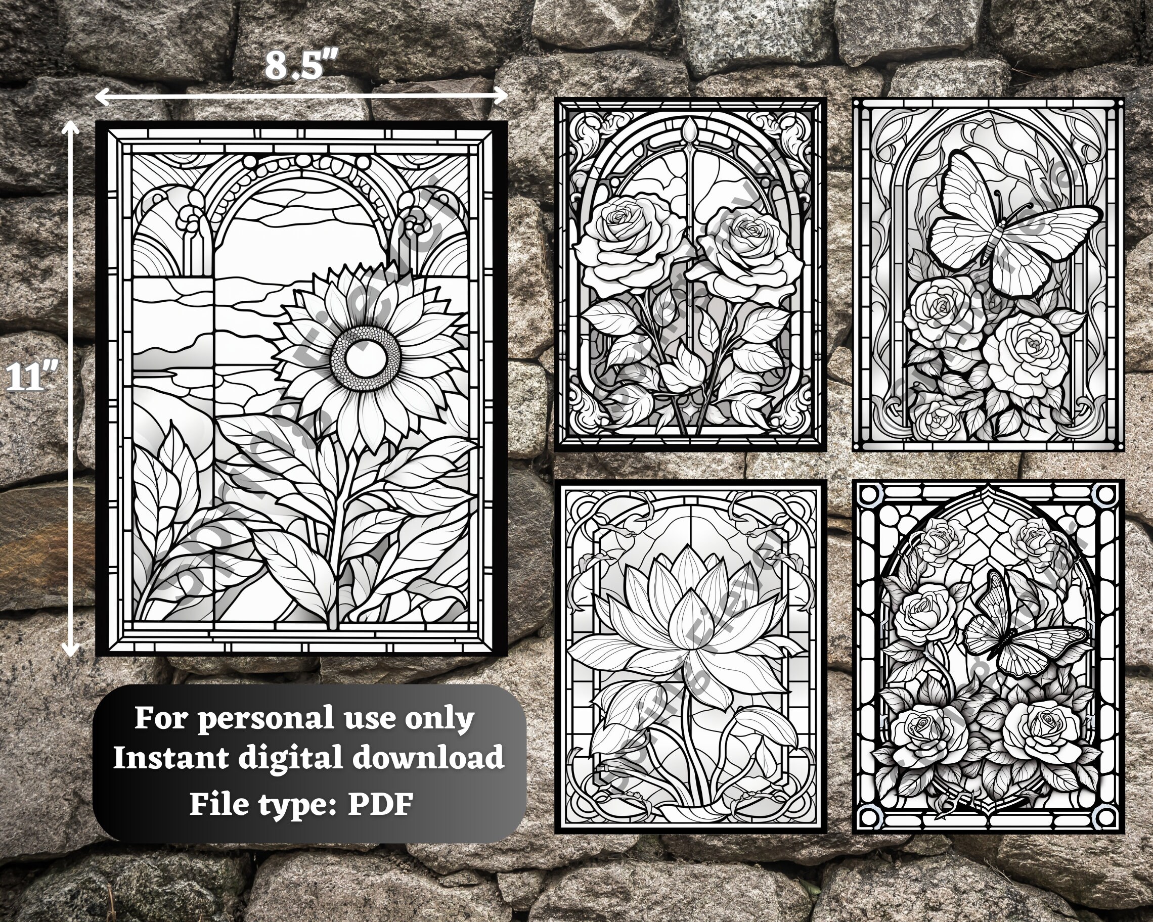 35 Stained Glass Flower Coloring Page for Adults and Kids Instant ...