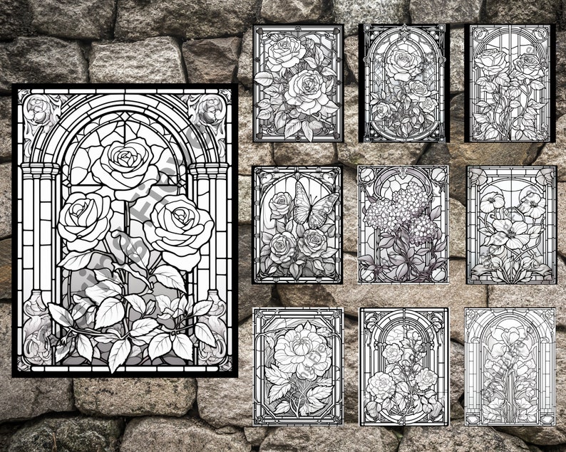 35 Stained Glass Flower Coloring Page for Adults and Kids Instant ...