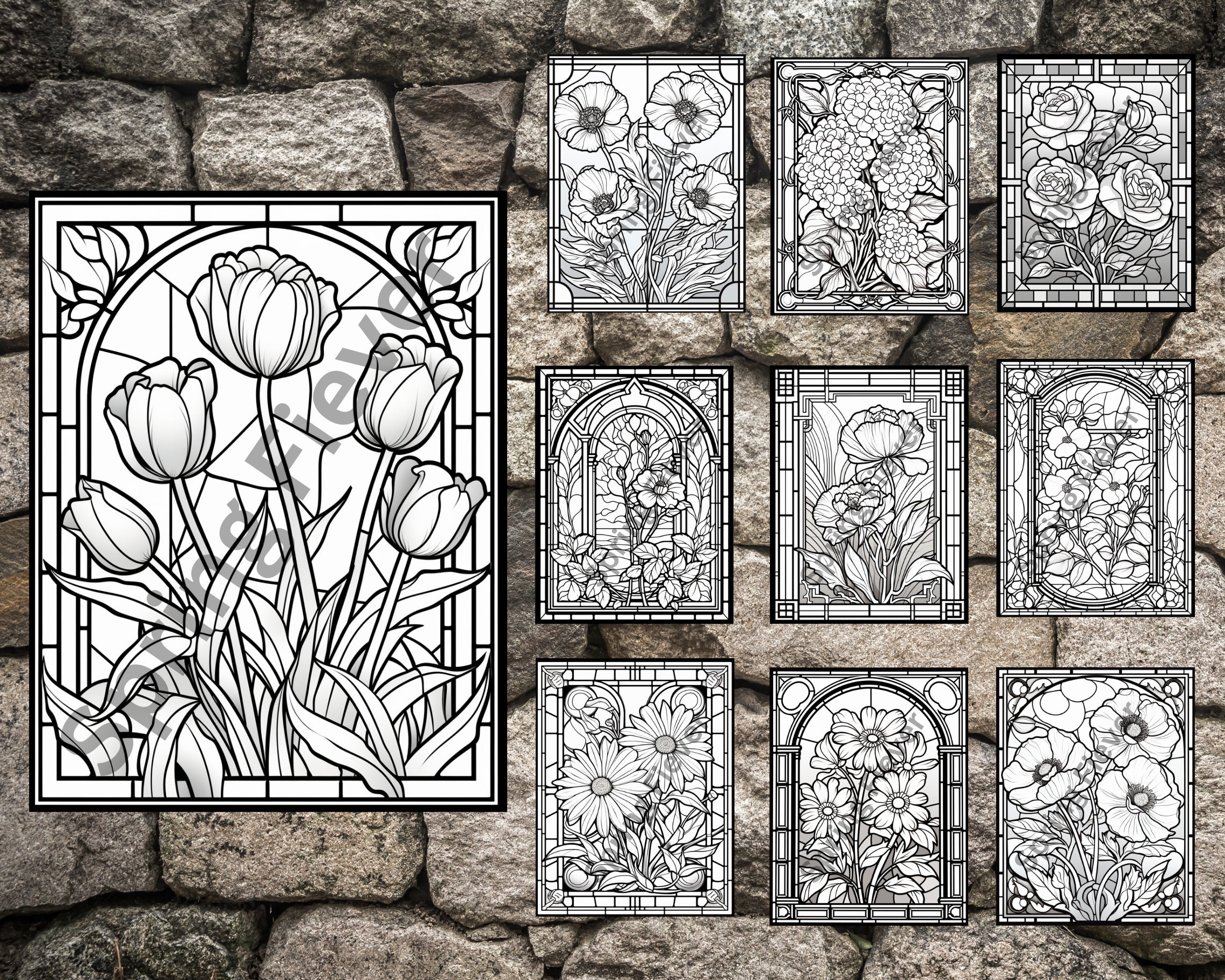 35 Stained Glass Flower Coloring Page for Adults and Kids Instant ...