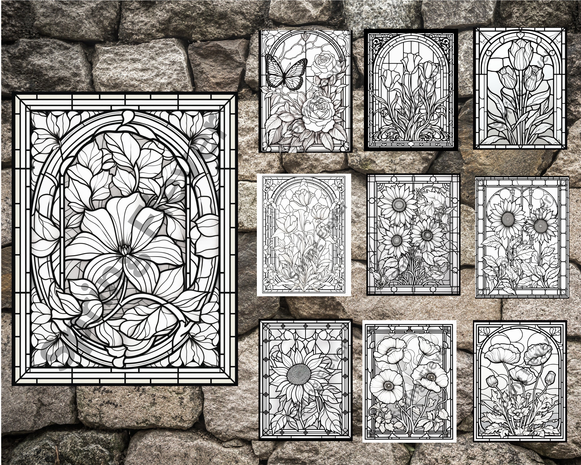35 Stained Glass Flower Coloring Page for Adults and Kids Instant ...