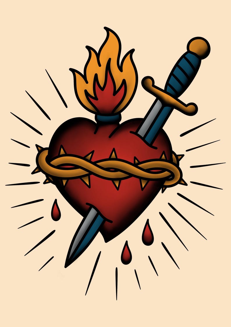Sacred Heart Flash Tattoo – Traditional Style in Color | Digital ...