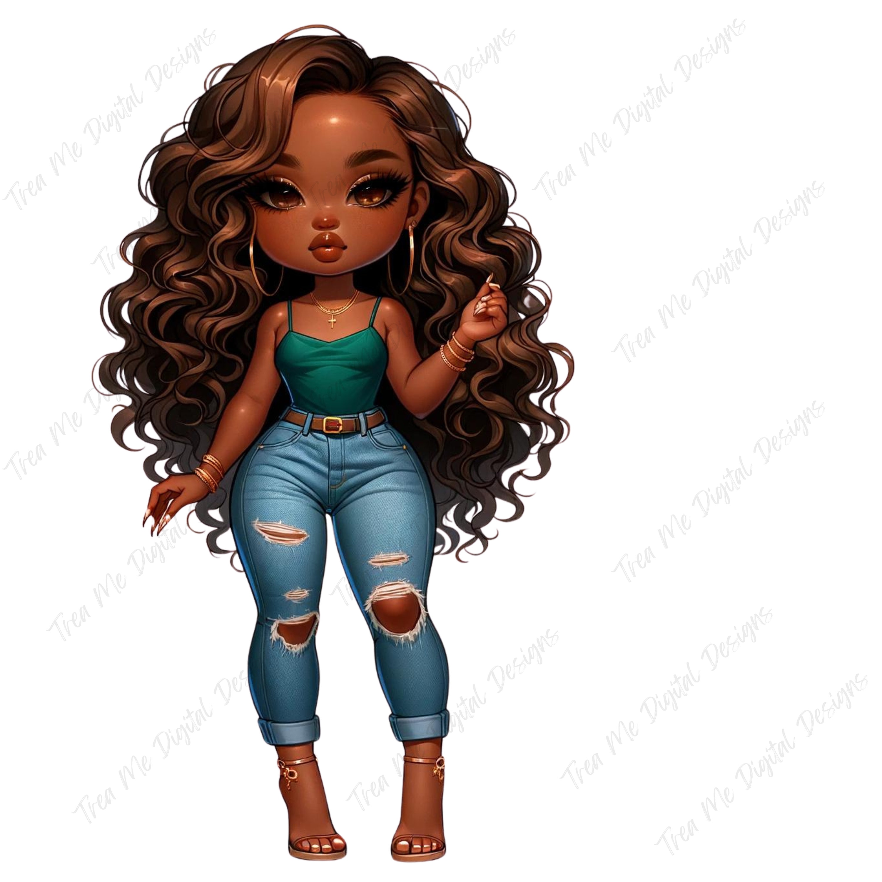 Chibi Ladies - 10 PNG Files, Transparent Background, Distressed Jeans ...