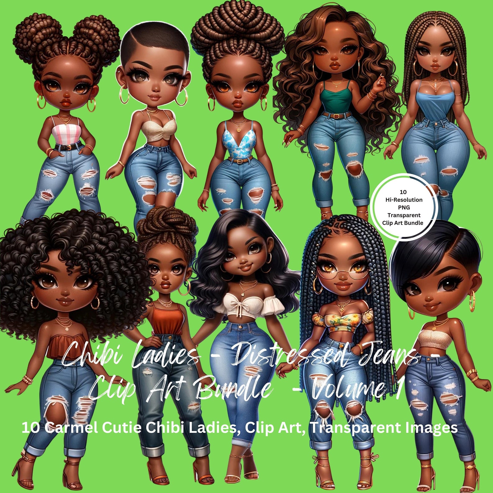 Chibi Ladies - 10 PNG Files, Transparent Background, Distressed Jeans ...