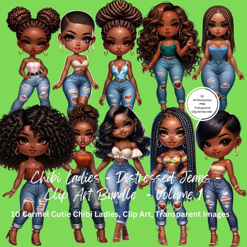 Chibi Ladies - 10 PNG Files, Transparent Background, Distressed Jeans ...