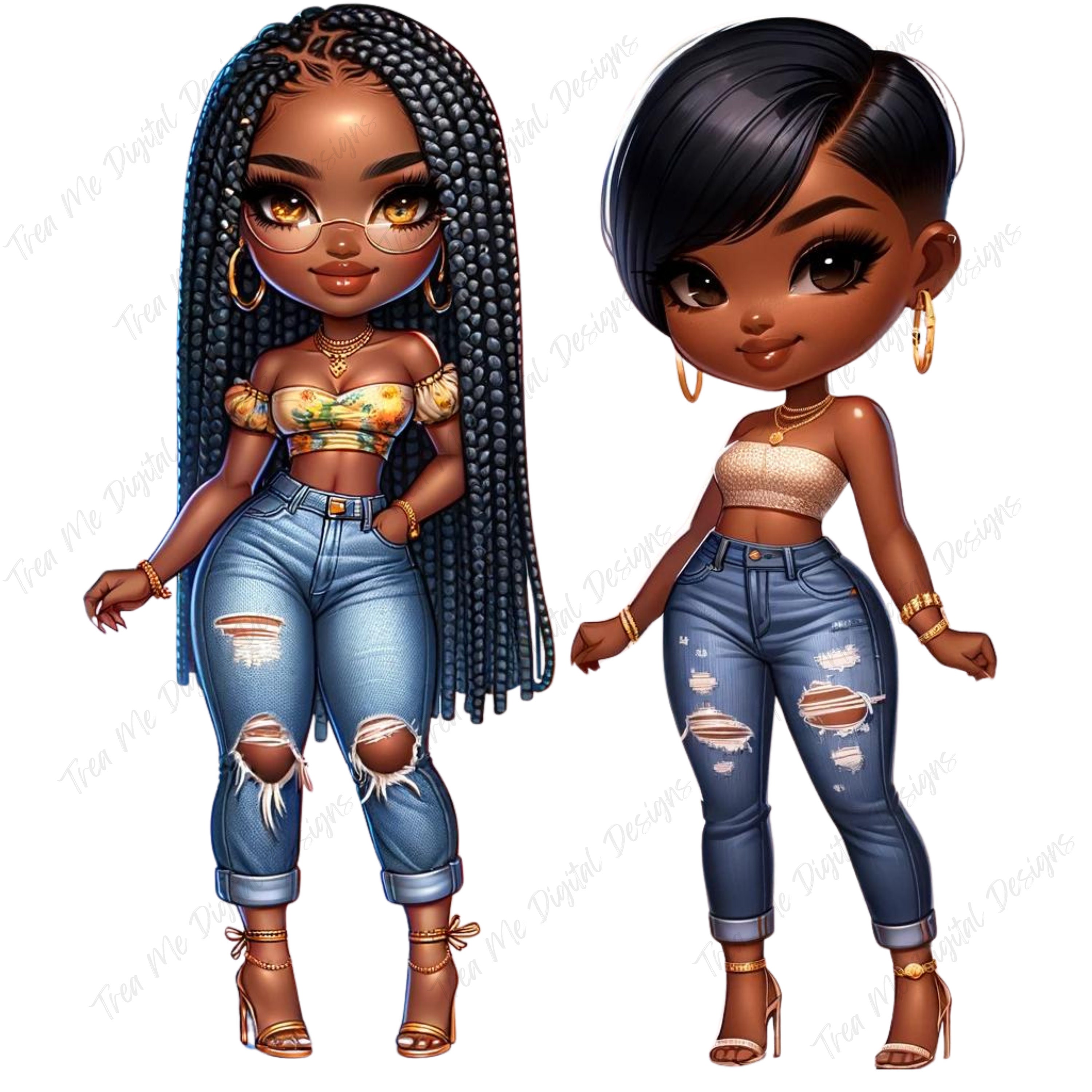 Chibi Ladies - 10 PNG Files, Transparent Background, Distressed Jeans ...