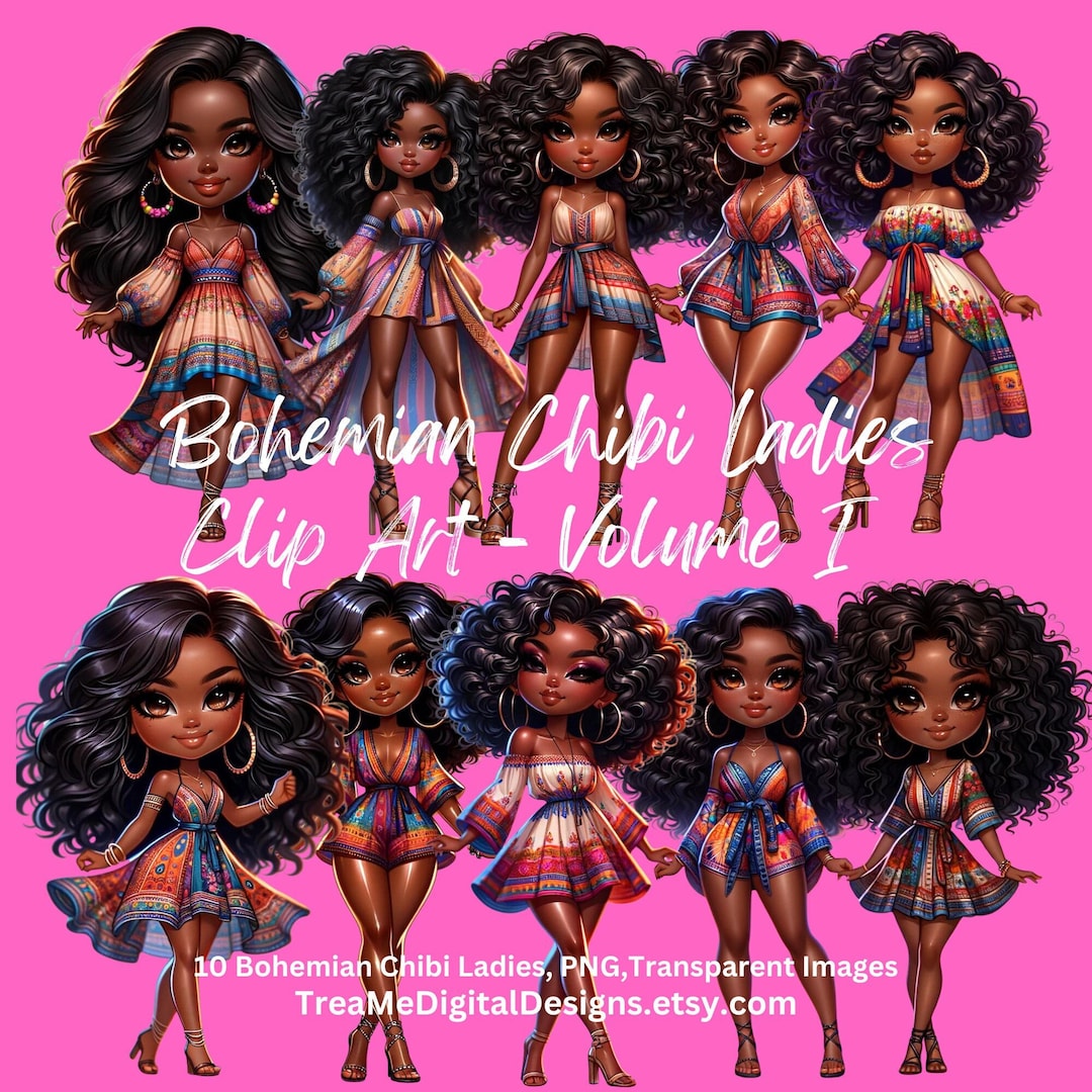 Bohemian Chibi Ladies - 10 PNG Bundle - Transparent Files - Clip Art - Etsy