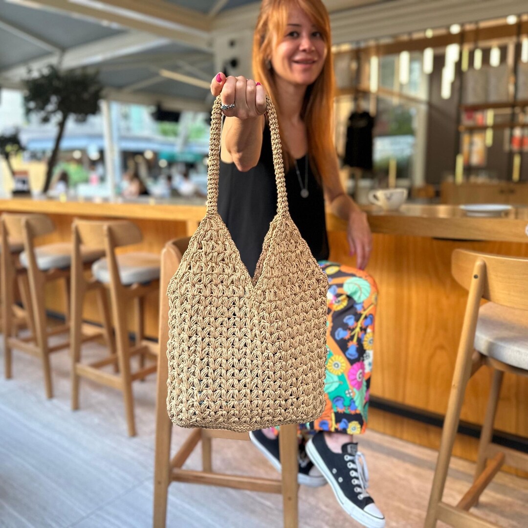 Crochet Paper Rope Shoulder Bag, Handmade Paper Yarn Bag, Paper Rope ...
