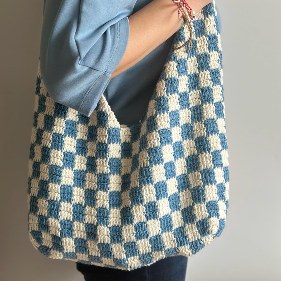 Handmade Checkered Crochet Bag Stylish Shoulder Tote, Crochet Checkered ...