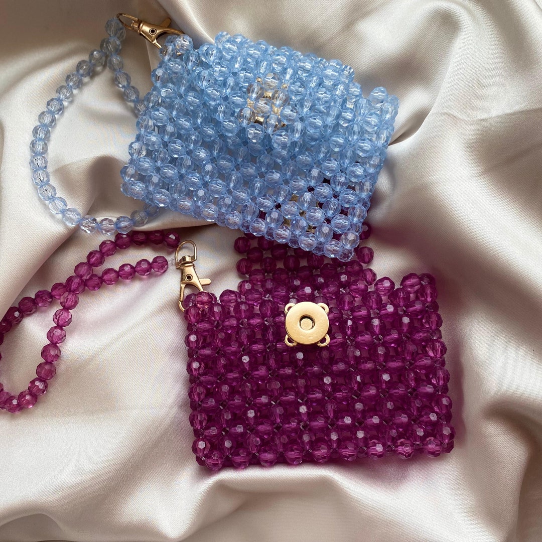 Handmade Beaded Keychain Wristlet Wallet, Blue Purple Crystal Beaded ...