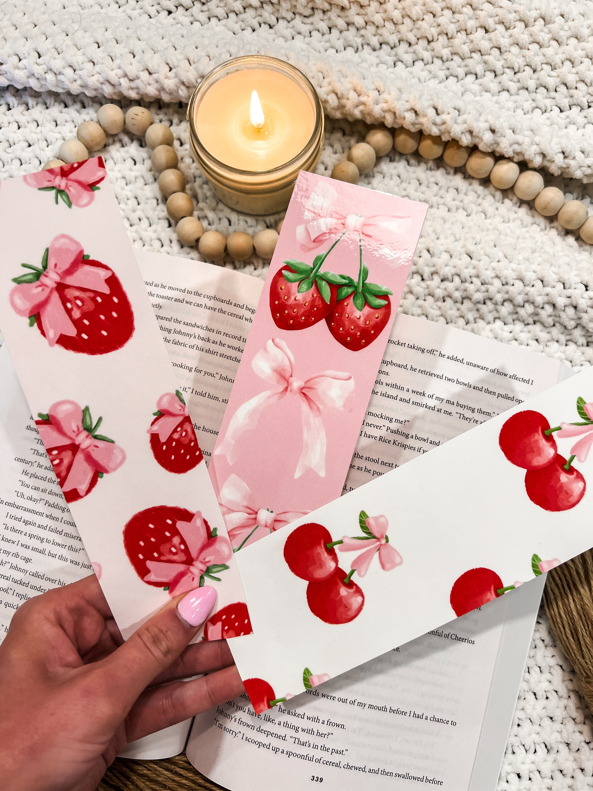 Set of Coquette Laminated Bookmarks | Watercolor Fruit | Bow Bookmark ...