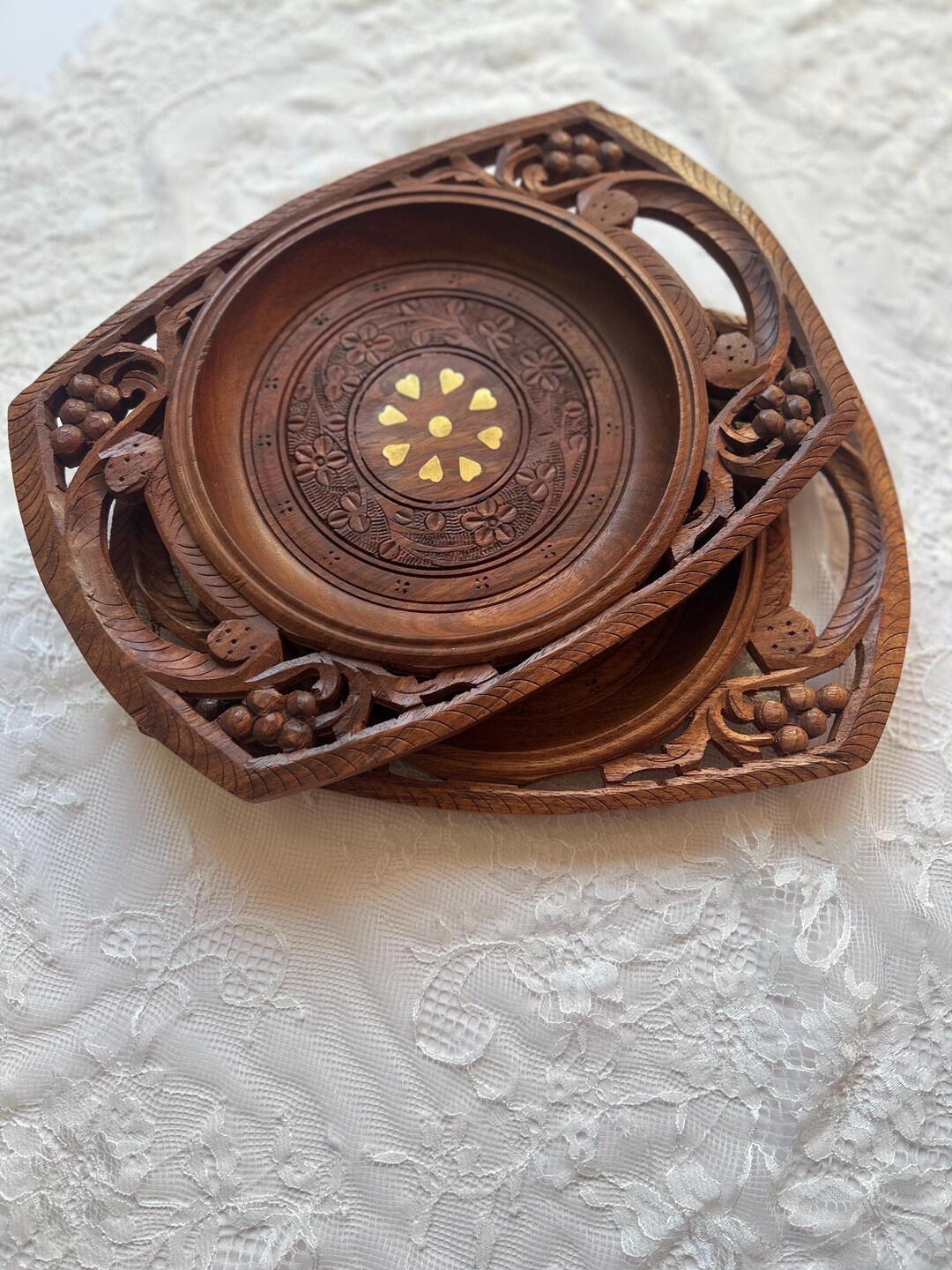 Hand Carved Wooden Tray With Brass Heart Inlay - Etsy