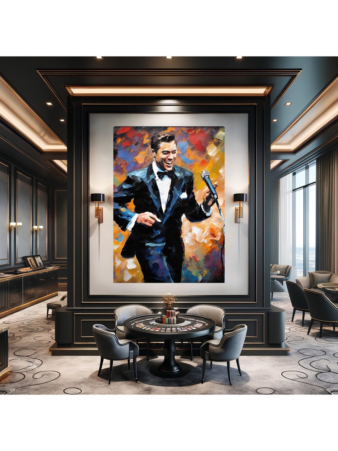 Retro Las Vegas Crooner in Tuxedo Impressionist Canvas Art With Palette ...