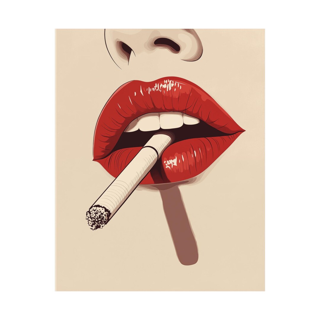 Minimalist Red Lips Print Vintage Lipstick Artwork Retro Cigarette ...