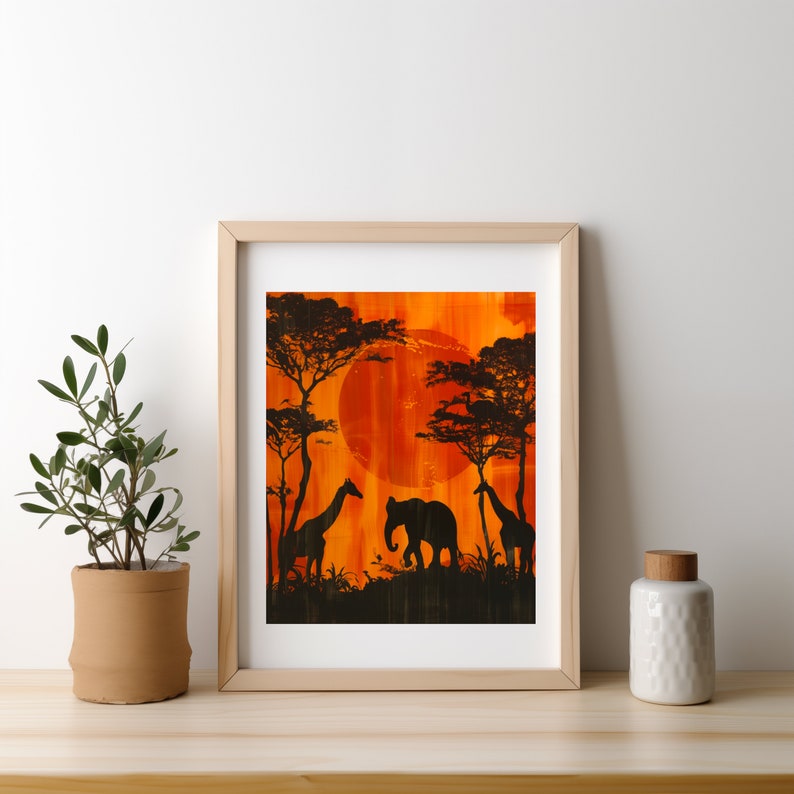 BOHO Safari Sunset Poster Vintage Animals Artwork Mid Century Giraffes ...
