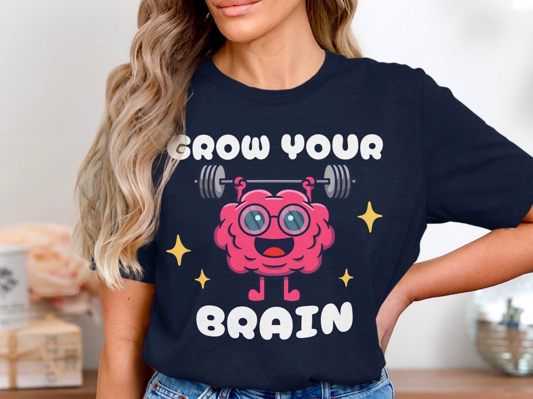 Cute Brain Lifting Weights Cartoon T-shirt, Funny Brainpower Gym Shirt ...