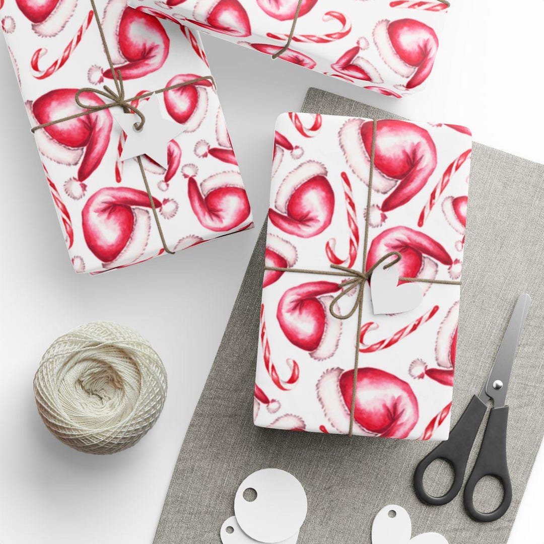 Santa Hats Christmas Wrapping Paper, Holiday Gift Wrap, Festive Xmas ...