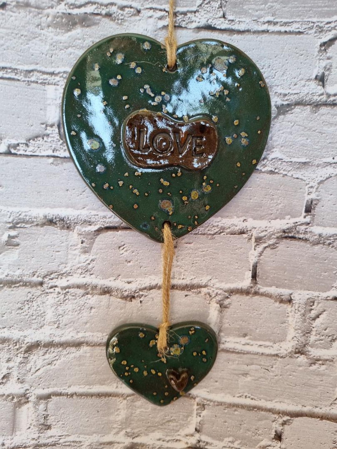 Handcrafted Ceramic Heart Hanging Ornament With Green and Gold Glaze ...
