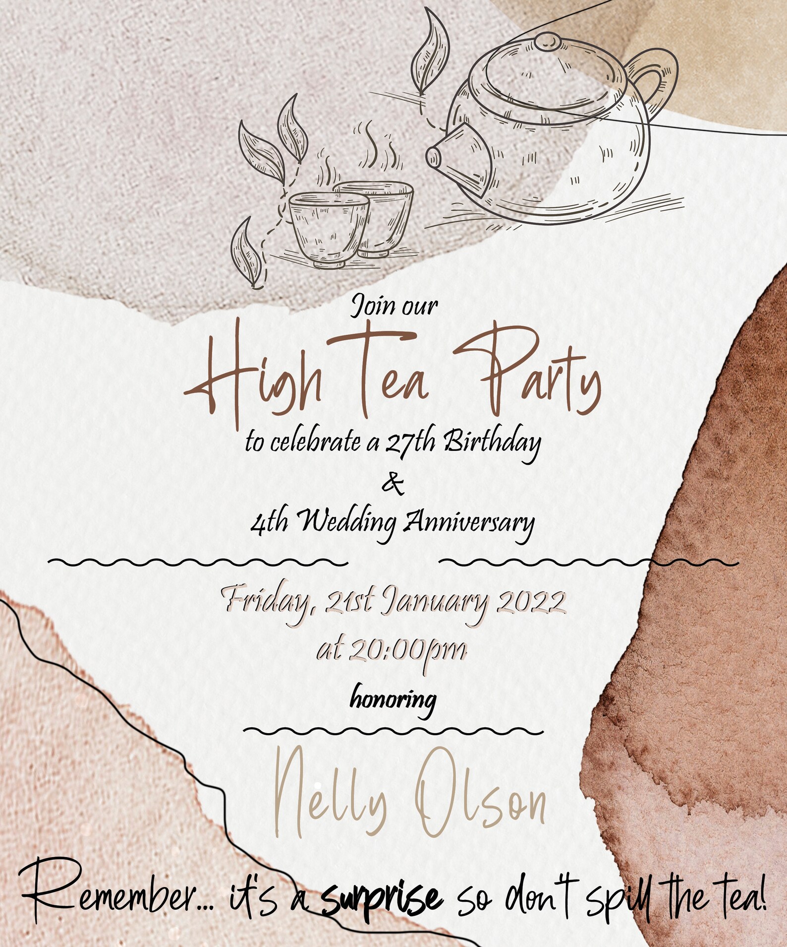 EDITABLE Tea Party Invitation. High Tea Invitation Card. Digital ...