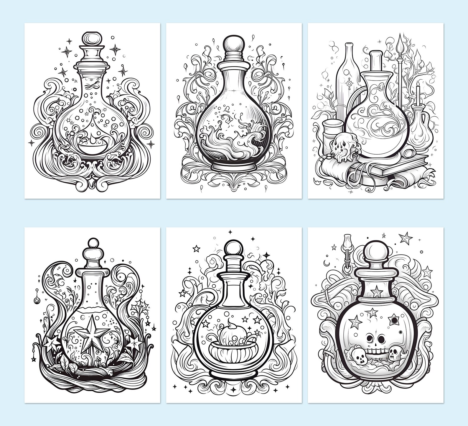 Mystical Magic Fantasy Potion Bottles Coloring Book Magic Pages Adults ...