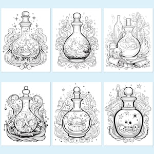 Mystical Magic Fantasy Potion Bottles Coloring Book Magic Pages Adults ...