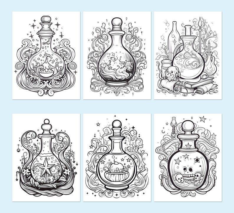 Mystical Magic Fantasy Potion Bottles Coloring Book Magic Pages Adults ...