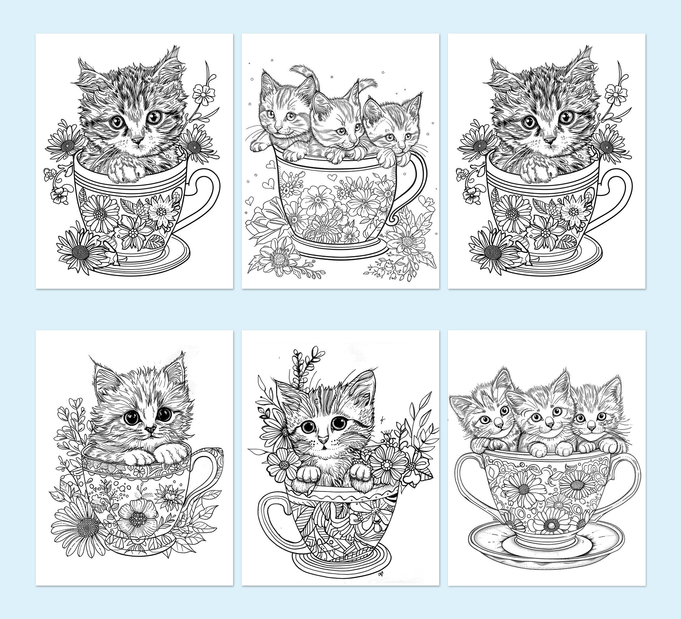 Kittens in Teacup With Flowers Coloring Book Kids Adult Cats in Tea ...